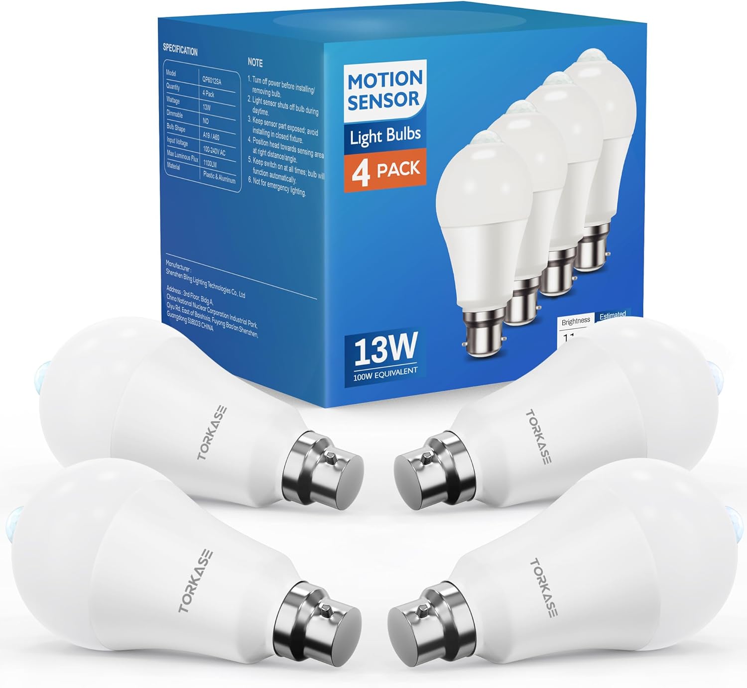 Torkase PIR Motion Sensor Light Bulb, 13W B22 Bayonet Smart Light Bulbs ...