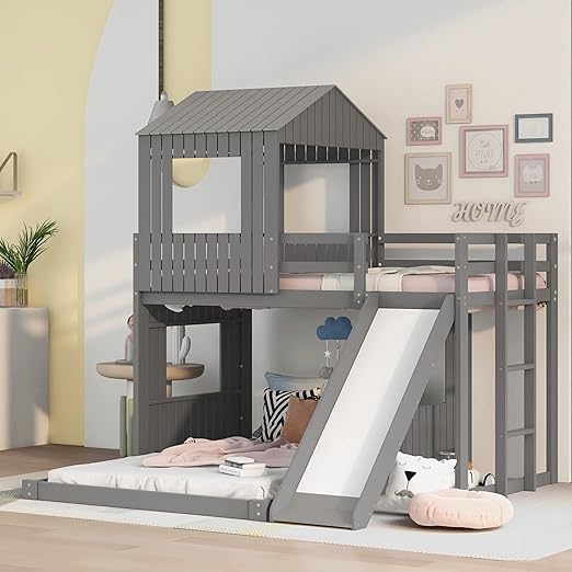 Amazon.com: MERITLINE House Bunk Beds with Slide , Twin Over Full Bunk ...