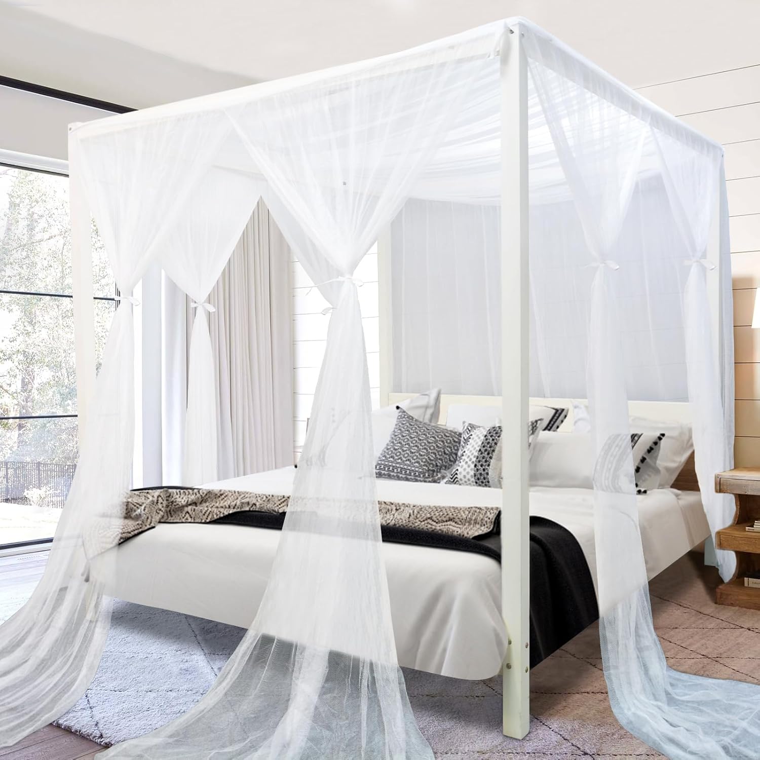 Amazon.com: South to East Pearl White Canopy Bed Curtains, 4 Corner ...