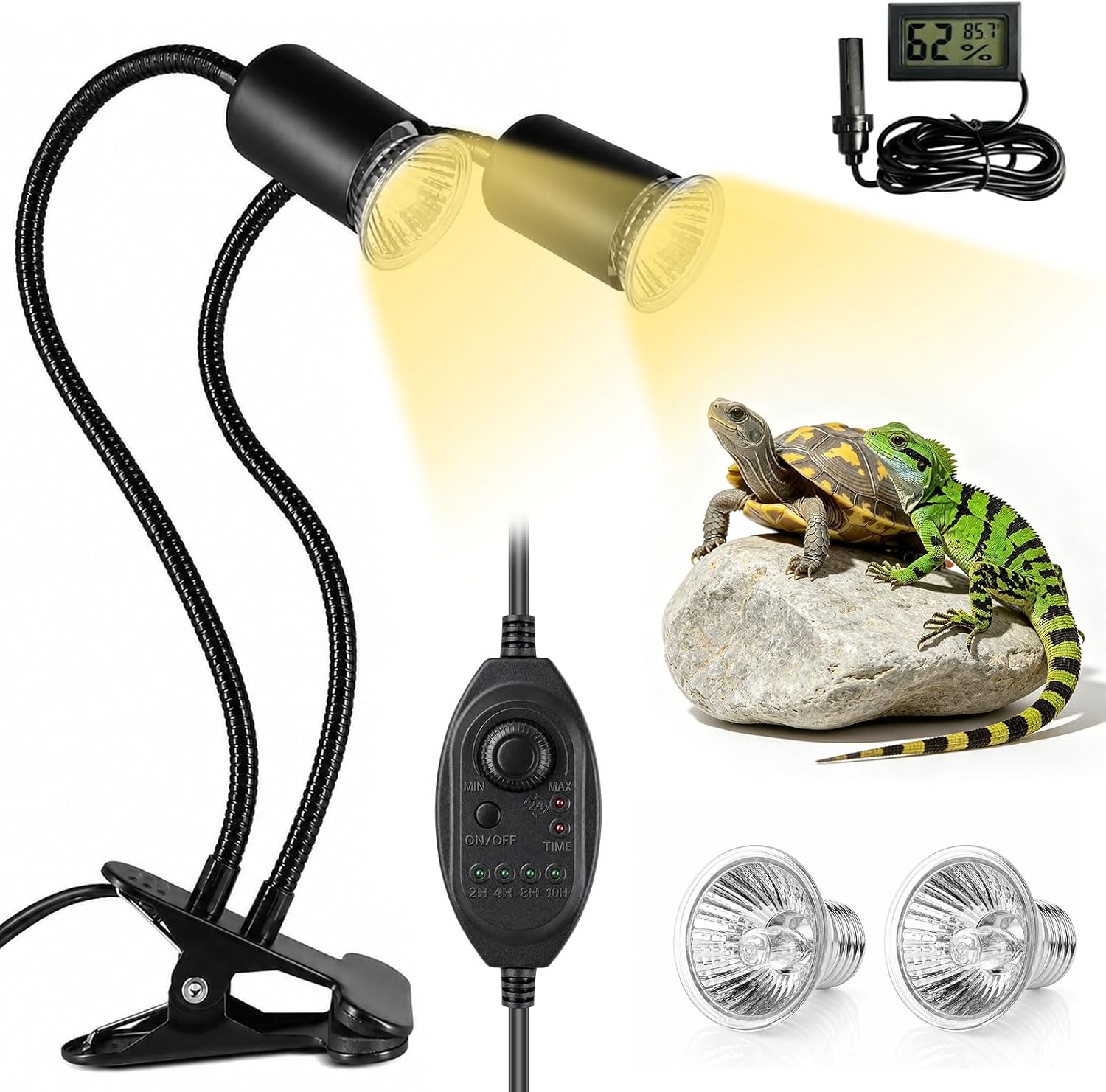 Amazon.com : Reptile Heat Lamp with Timer & Hygrothermograph, Double ...