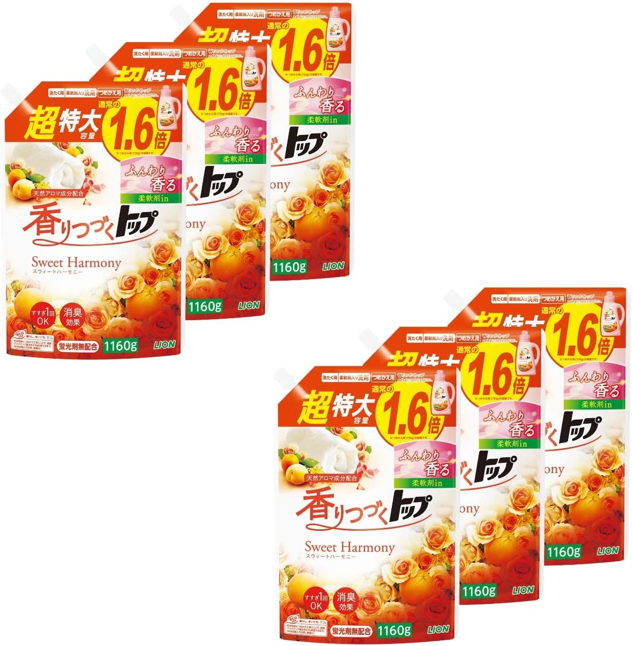Amazon | 【まとめ買い 大容量】香りつづくトップ スウィートハーモニー 蛍光剤無配合 柔軟剤入り洗濯洗剤 液体 詰め替え 超特大1160g×6個セット | ノーブランド品 | 液体洗剤