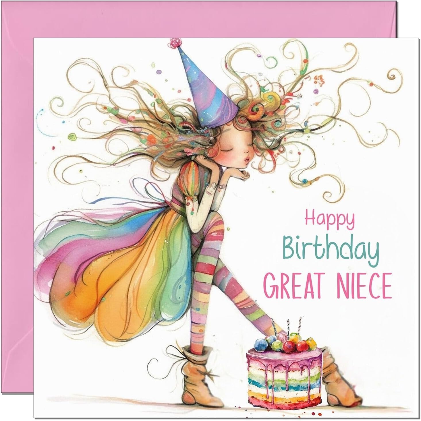 Great Niece Birthday Card - Rainbow Girl & Cake Design - Quirky Cute ...