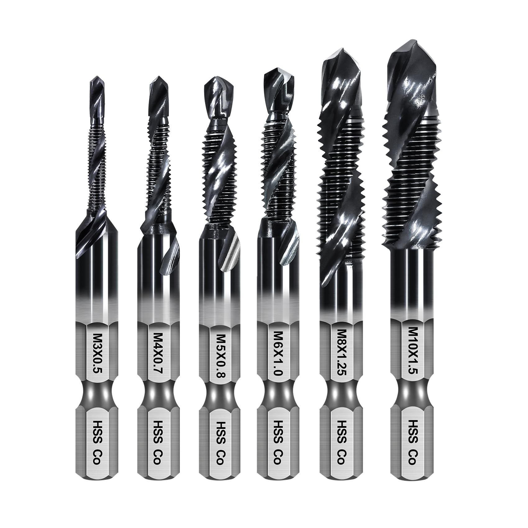 BGTEC Combination Drill Tap & Tap Bit Set, 6pcs（M3x0.5—M10x1.5） HSS M35 ...
