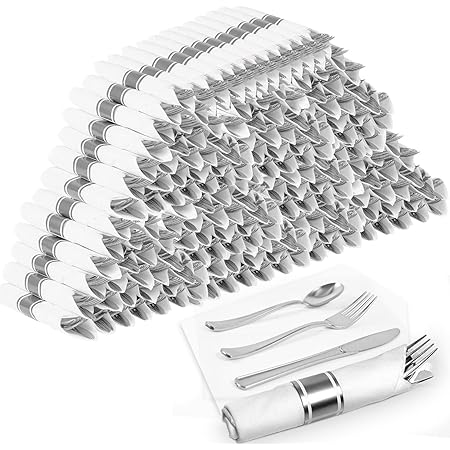 Amazon.com: 25 Pre Rolled Silver Plastic Silverware - 100pc Set ...