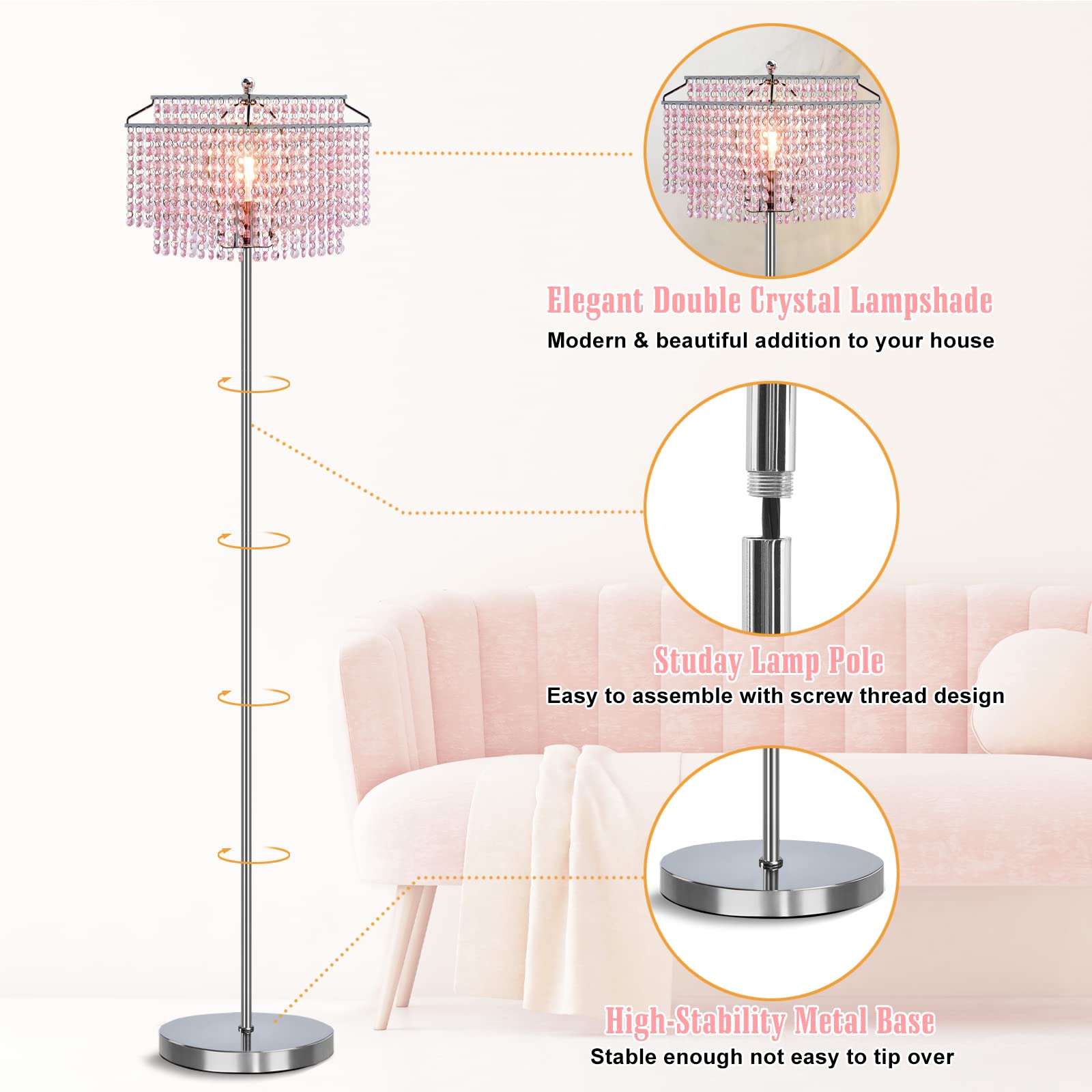 Luvkczc Pink Crystal Floor Lamp, Modern Standing Lamps with Double ...