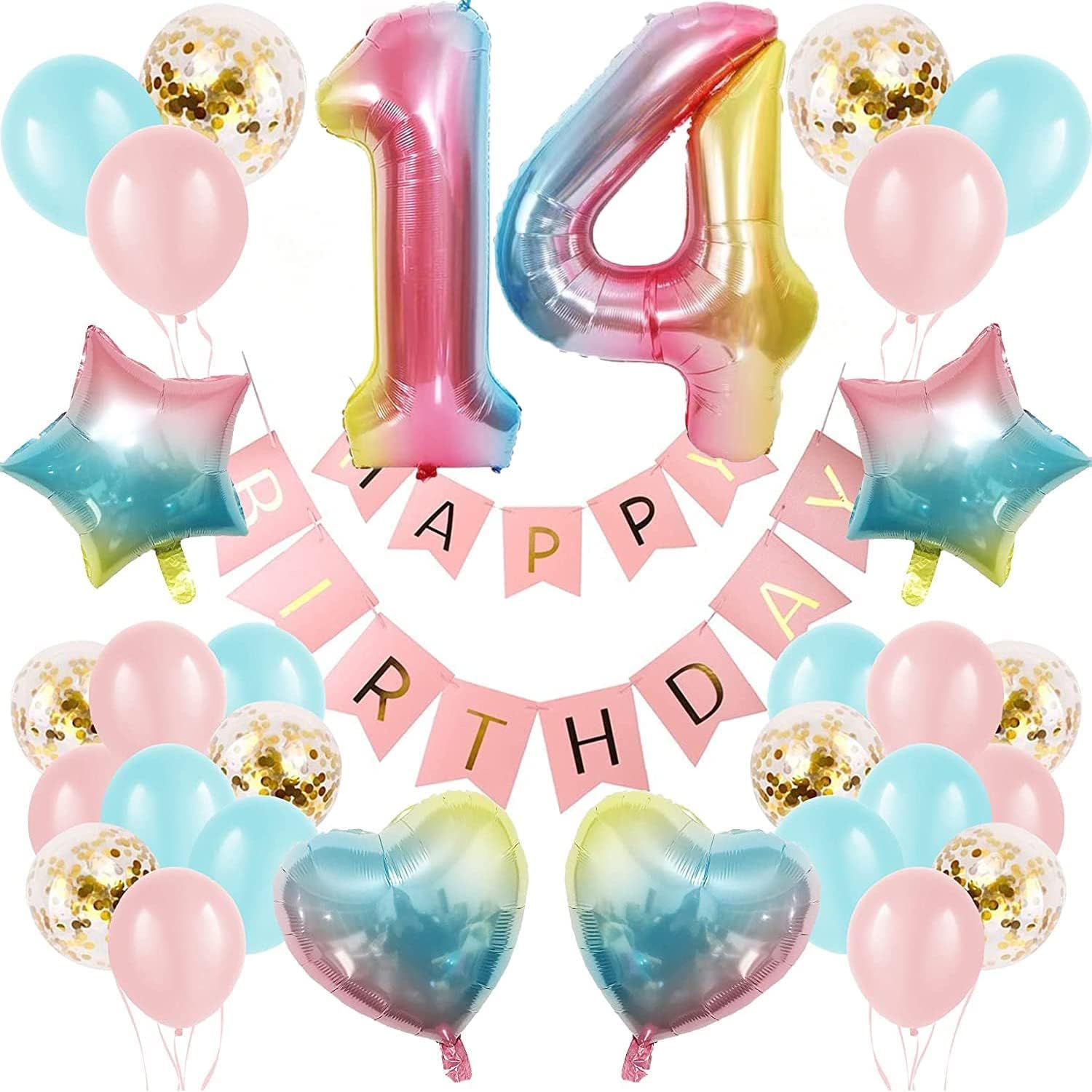 14th Birthday Decorations for Girls Boys, Number 14 Balloon, Happy ...