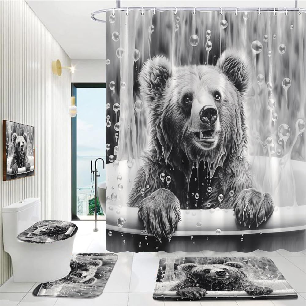 Amazon.com: Funny Bear Shower Curtain Set Bear in The Bathtub Bath ...