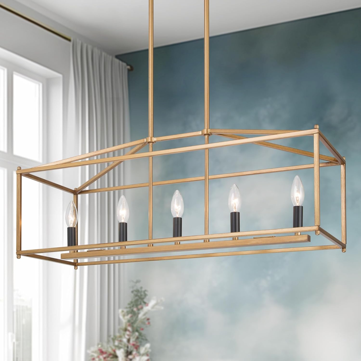 Gold Chandelier, Modern Large 5-Light Linear Rectangle Light Fixture ...