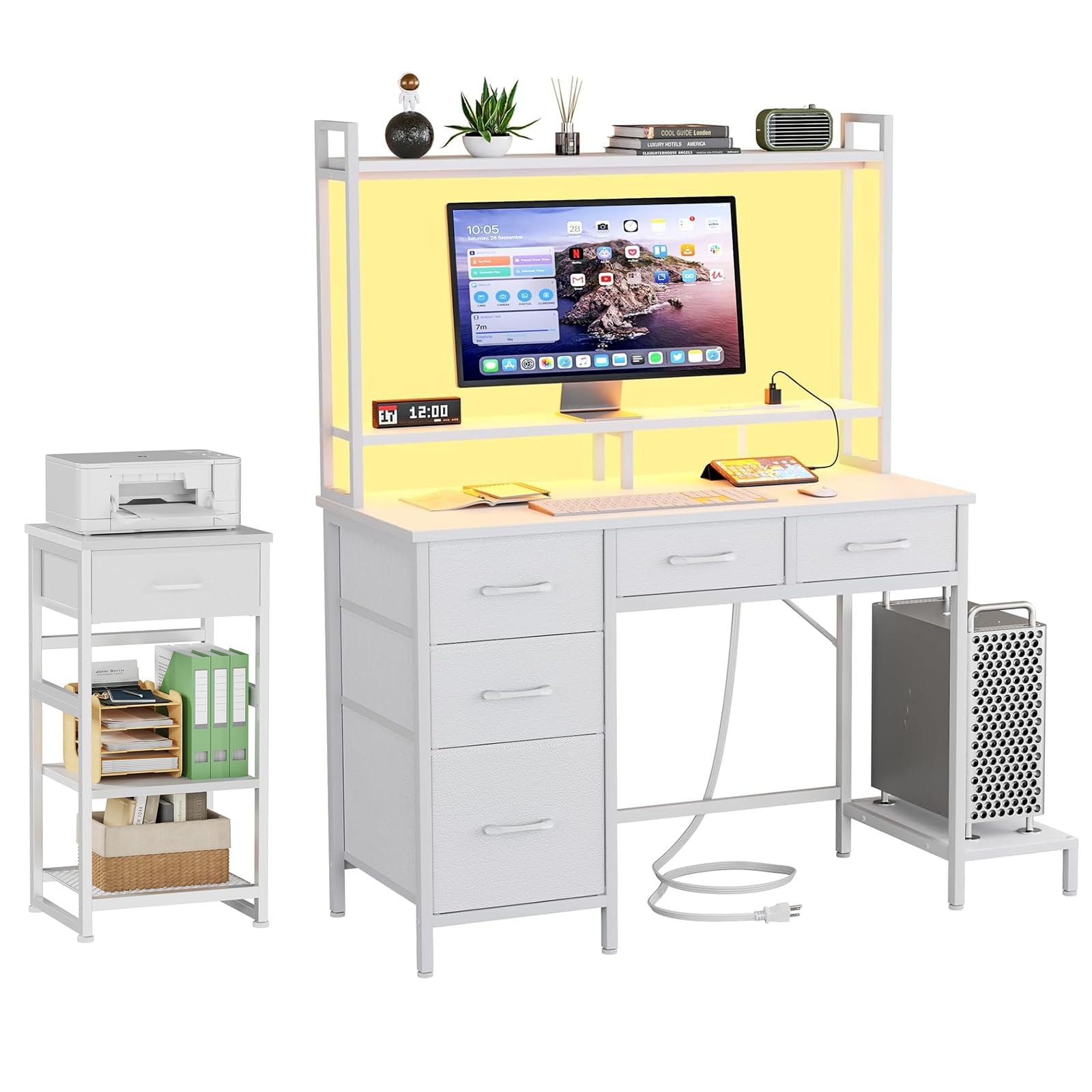 Amazon.com: Computer Desk with 3 Tiers Printer Stand, White Gaming Desk ...
