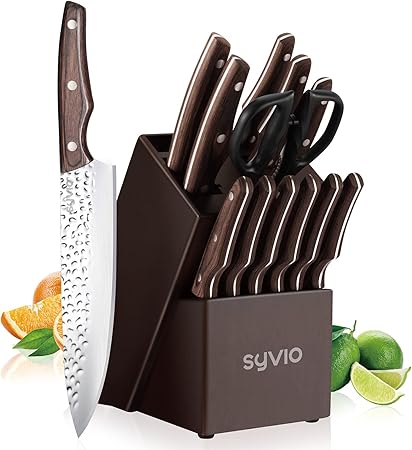 Amazon.com: syvio Kitchen Knife Sets with Block and Wood Handle, 14 ...
