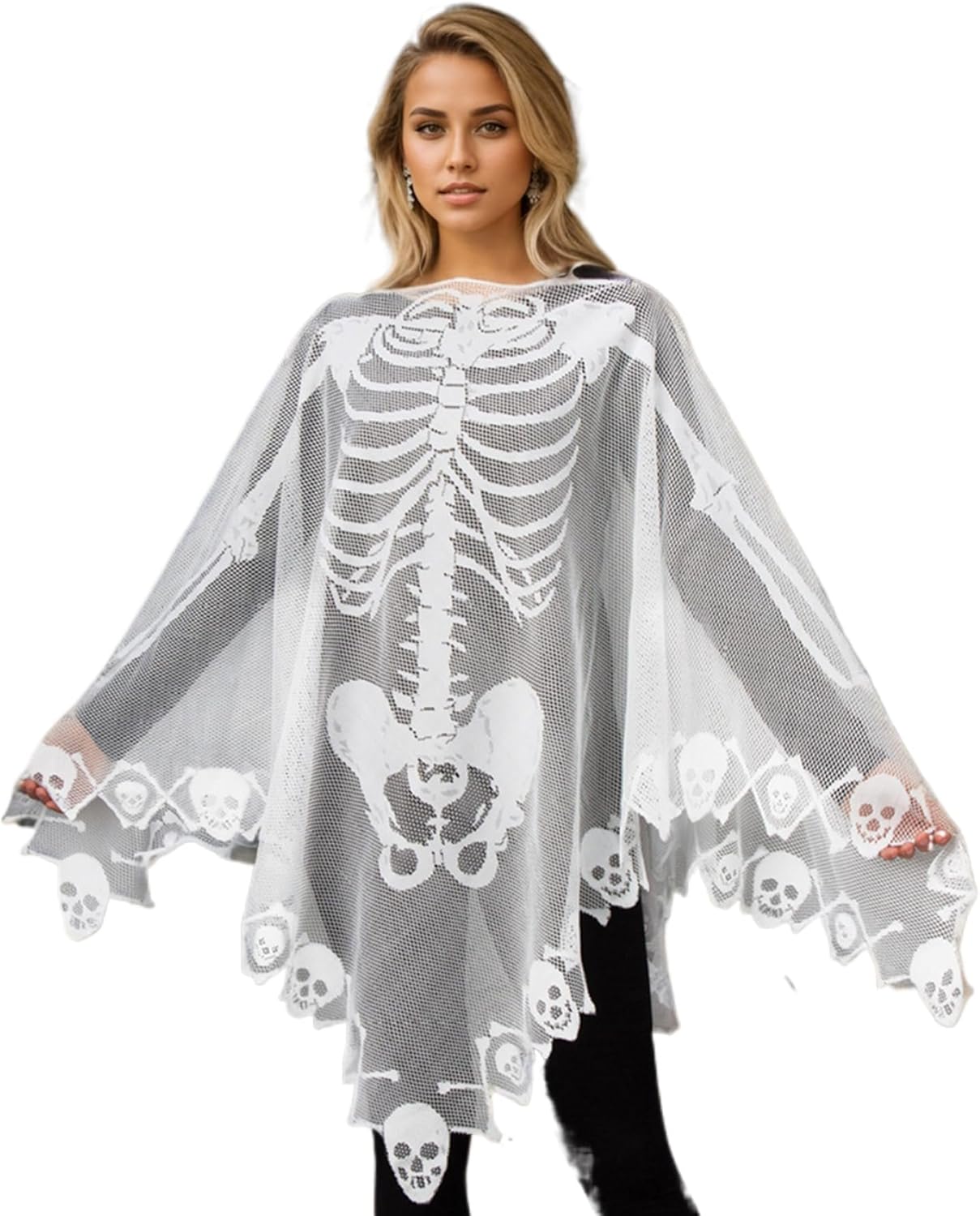 Amazon.com: Halloween Skeleton Poncho,Lace Skeleton Cape Shawl,White ...