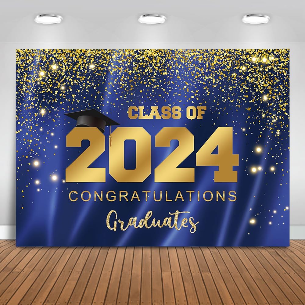 Amazon.com : Class of Grad 2024 Background Banner,Blue and Gold ...