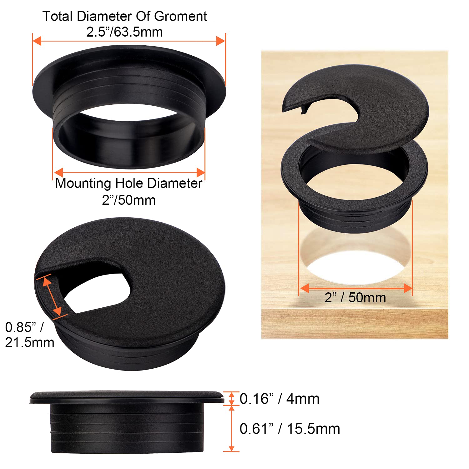Snapklik.com : 20 Pack 2 Inch/50mm Round Plastic Desk Grommets, Black ...