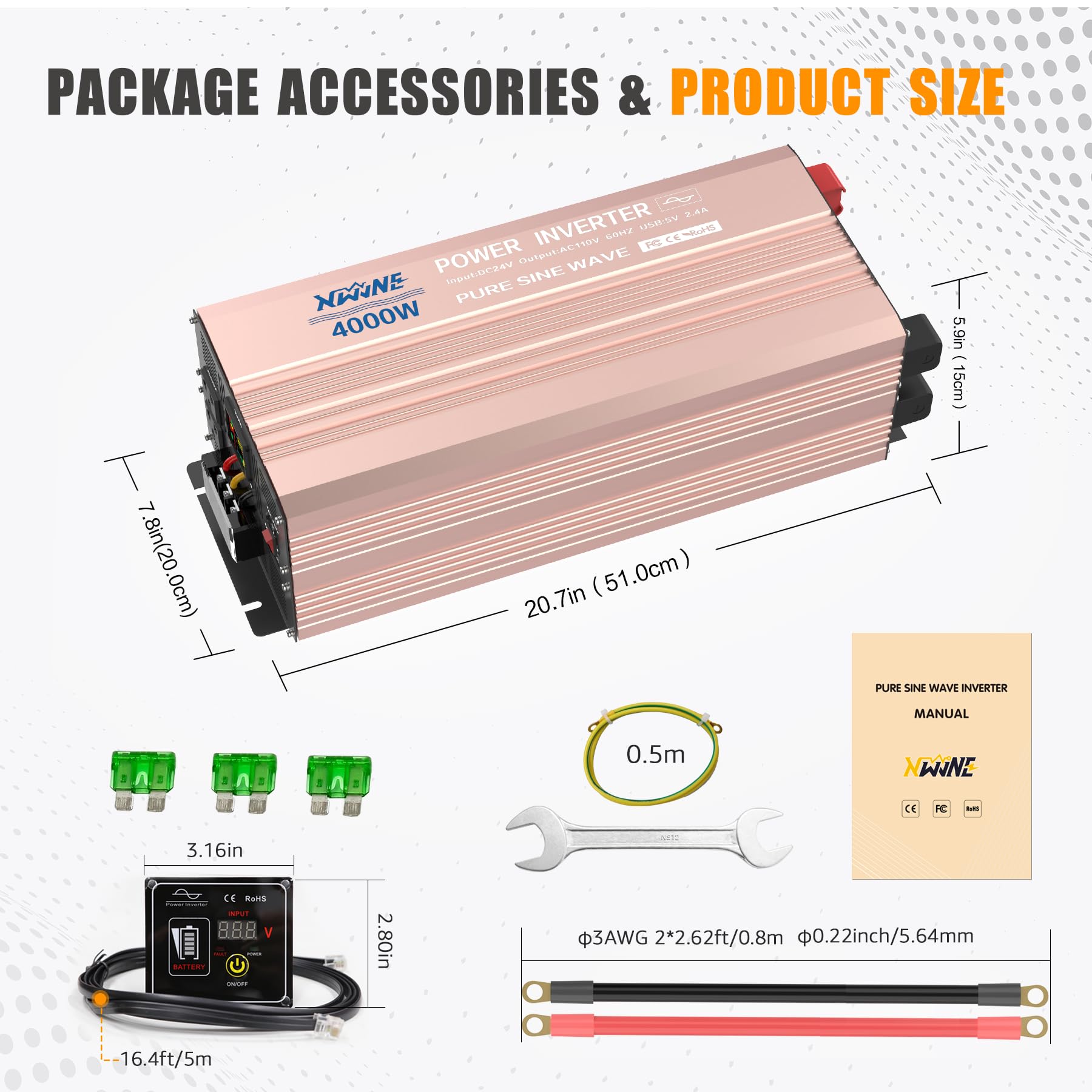 XWJNE Power Inverter 4000 Watt Pure Sine Wave 24V DC to 110V/120V AC ...