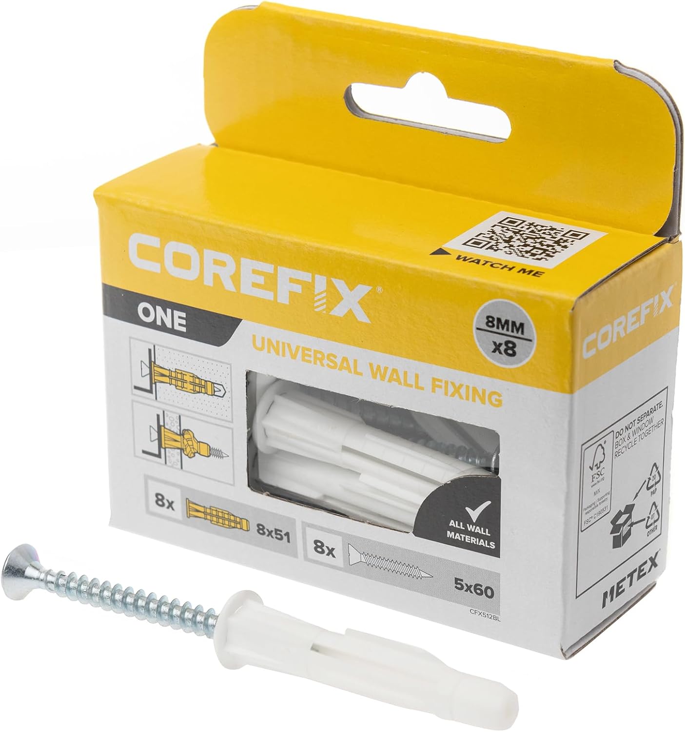 Corefix ONE Universal Wall Plugs & Screws Pack of 8, Heavy Duty (100kg ...