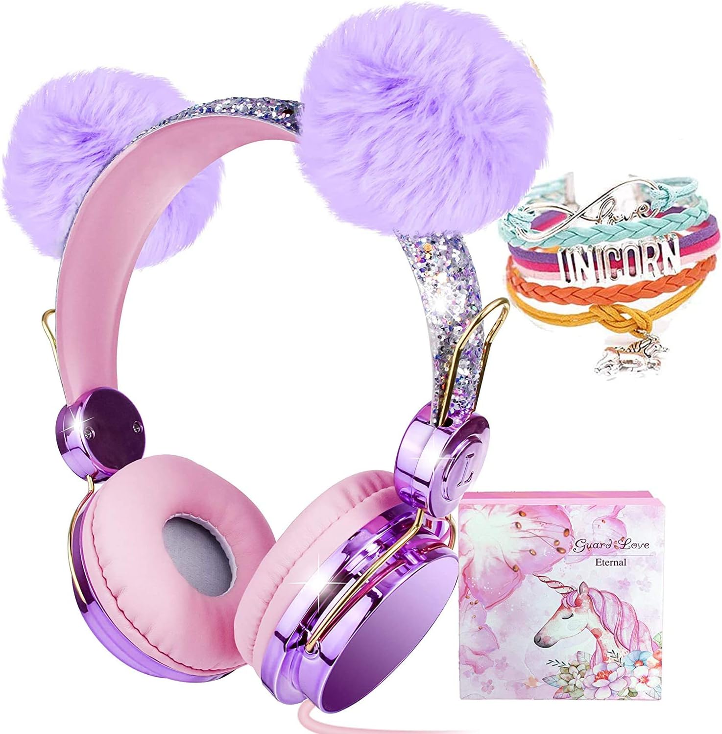 JYPS Kids Headphones, Purple POM POM Bear Ear headphones with ...