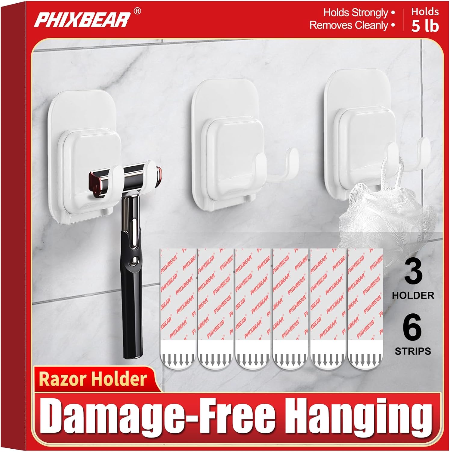 PHIXBEAR Damage-Free Hanging Razor Hooks for Shower Wall, White ...