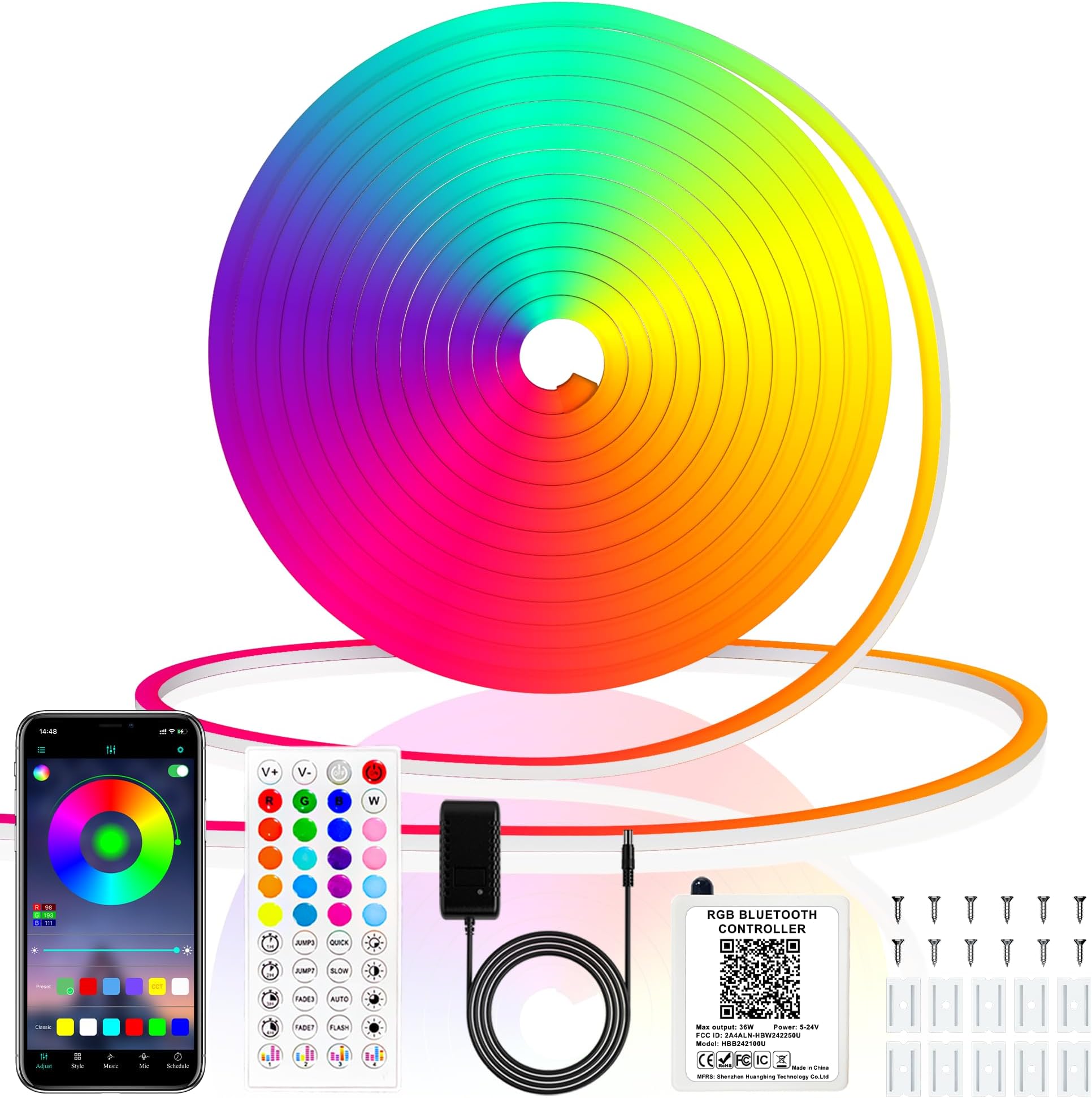 Bluetooth LED Neon Rope Lights 5M,ALED LIGHT Waterproof Flexible RGB ...