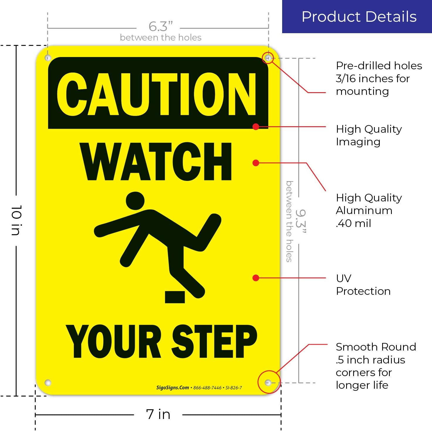 Sigo Signs Watch Your Step Safety Sign Federal 10 x7 Aluminum for ...