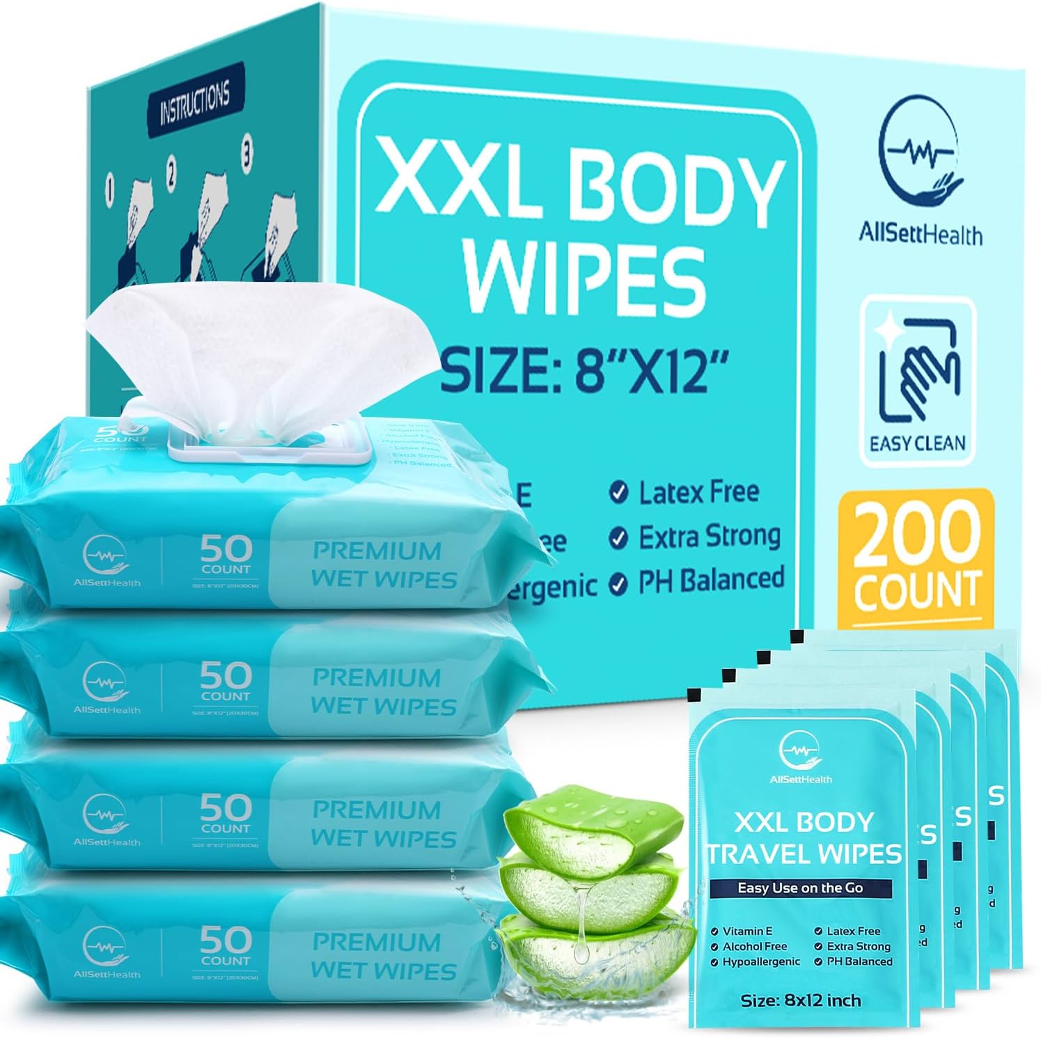 Body Wipes for Adults - XL Wet Wipes 8" x 12" (200 count) | Rinse Free ...