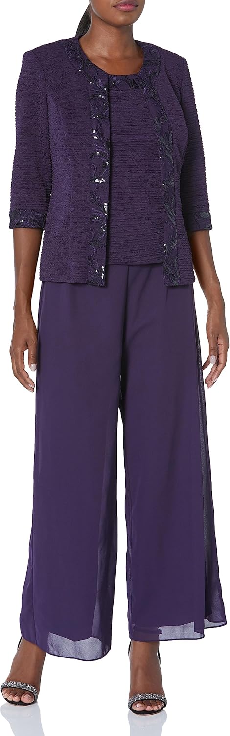 Amazon.com: Le Bos Women's Elegant 3-Piece Georgette Pant Set with Sequin Embroidered Trim ...