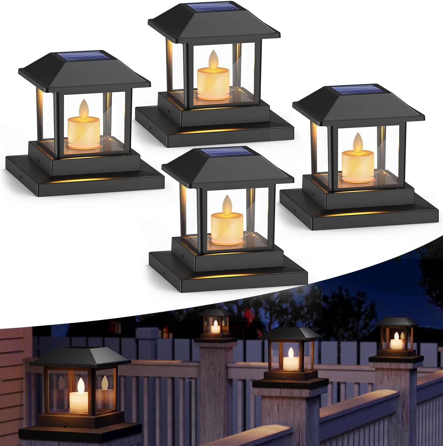 4 Pack Solar Post Lights Outdoor with 3D Flickering Candle Wick, Solar ...