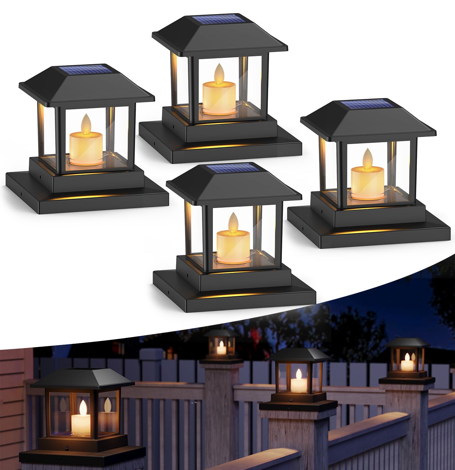 4 Pack Solar Post Lights Outdoor with 3D Flickering Candle Wick, Solar ...