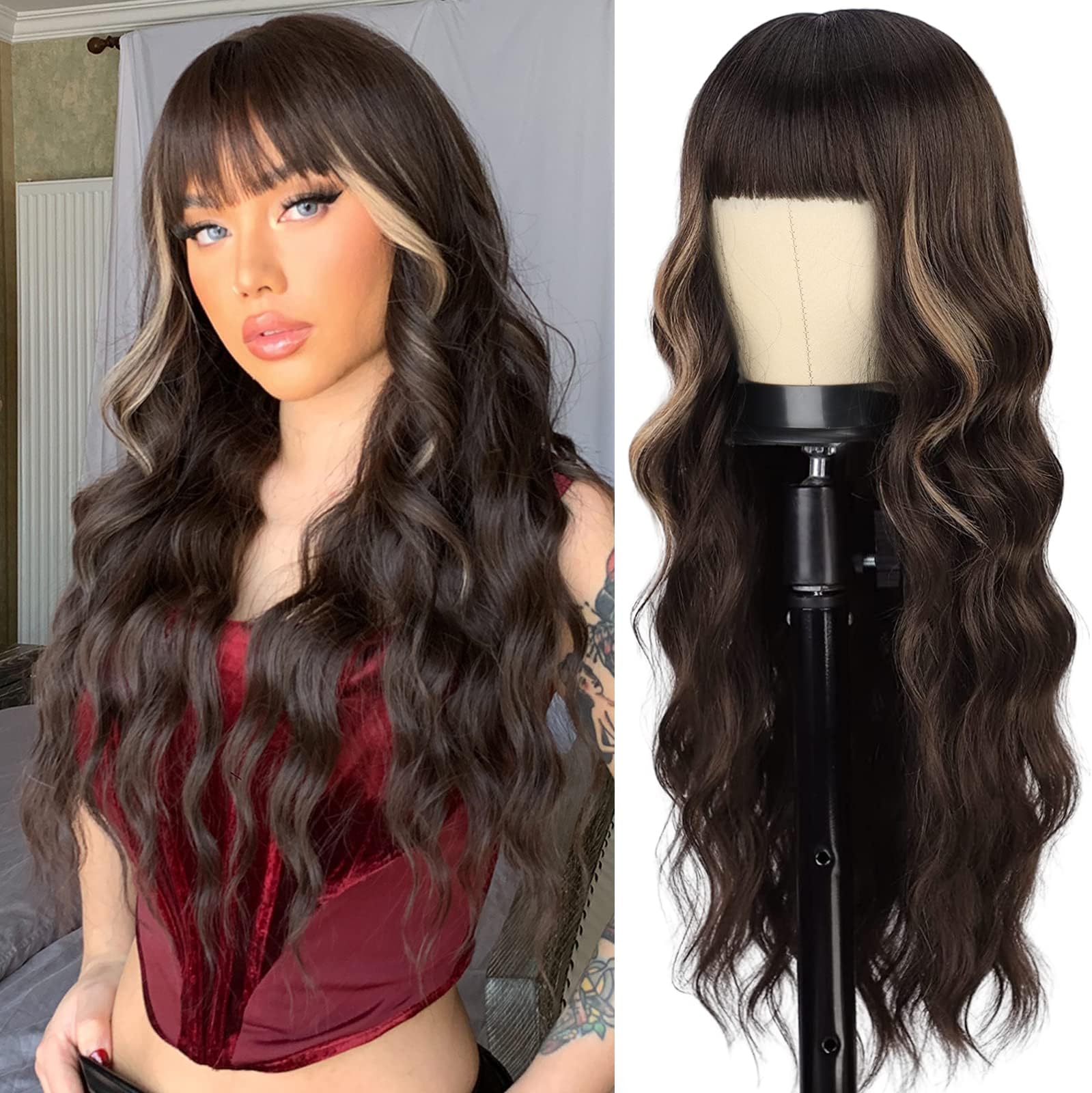 Amazon.com : MISSQUEEN Long Brown Wig with Bangs,Wavy Dark Brown Hair ...