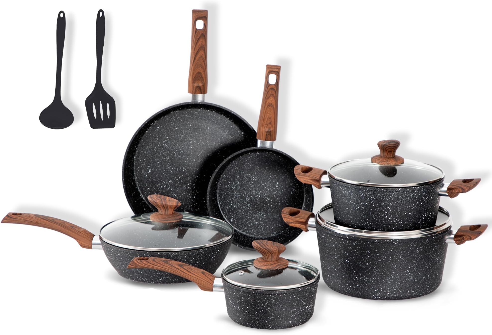 Amazon.com: Induction Kitchen Cookware Sets Nonstick - Granite Hammered ...