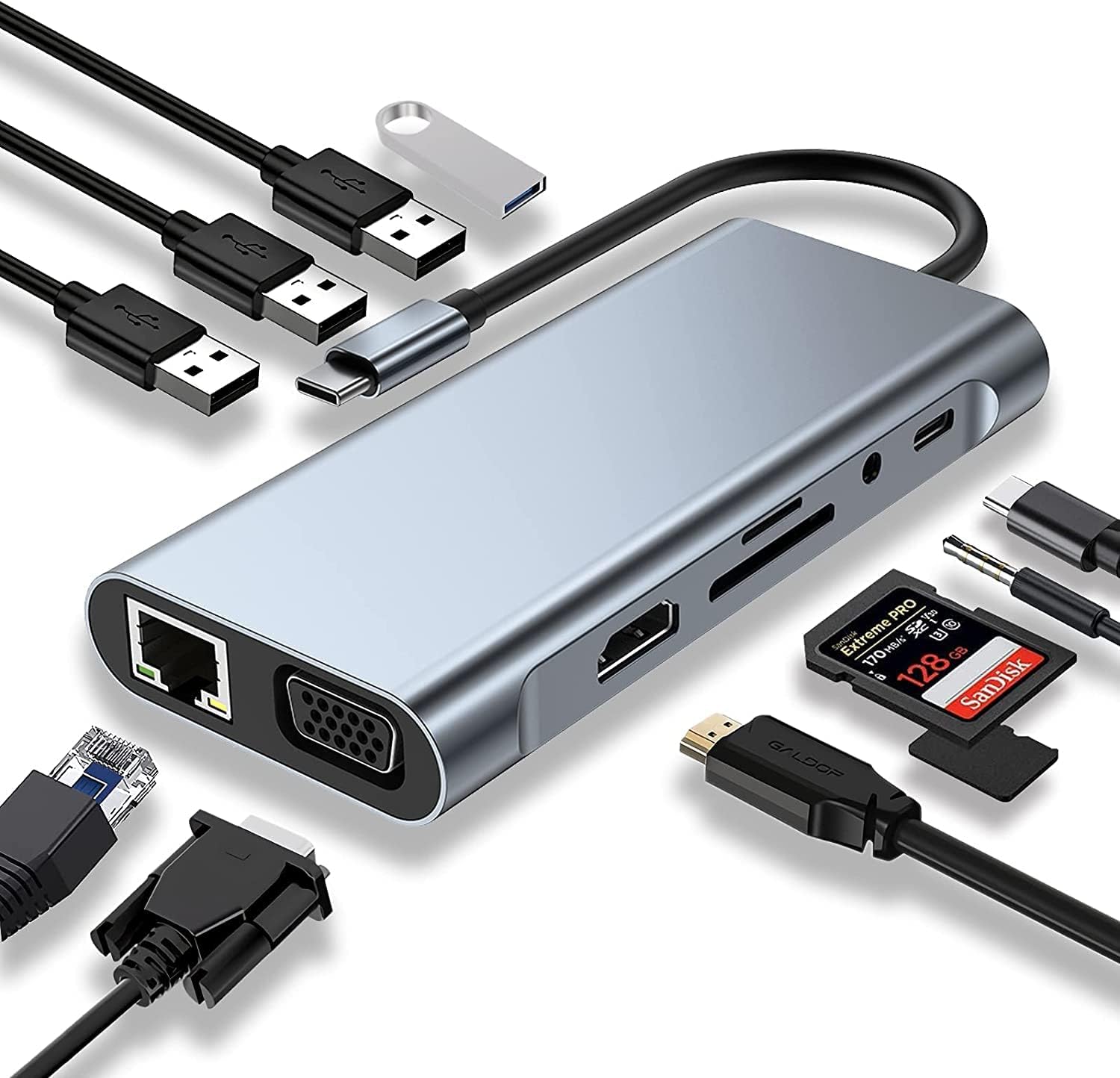 USB C HUB, USB C Multiport Adapter, 11 in 1 Dongle with 4K HDMI, VGA ...