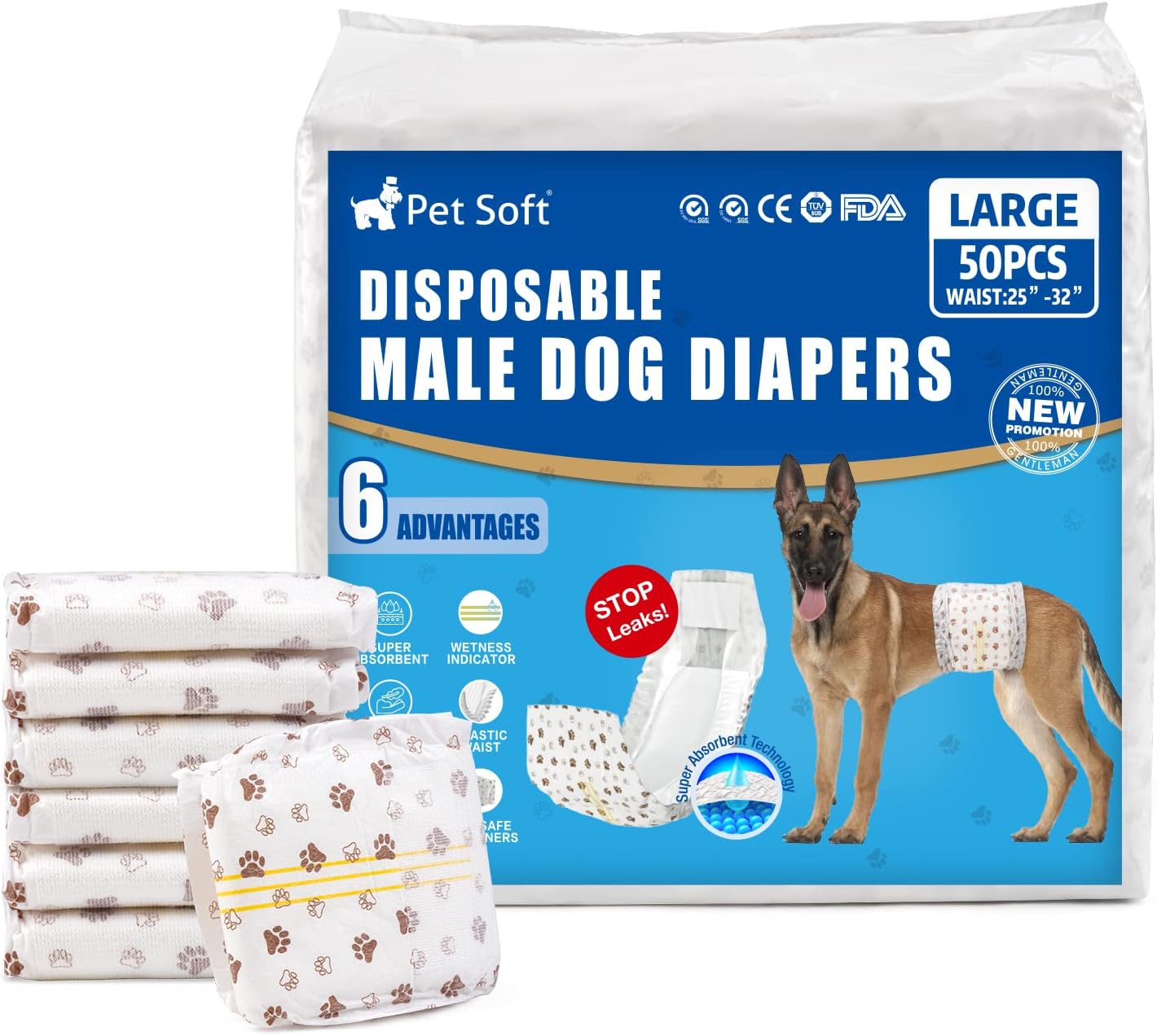 HONEY CARE All-Absorb A24 Male Dog Wrap, 50 Count, Large,Blue and White ...