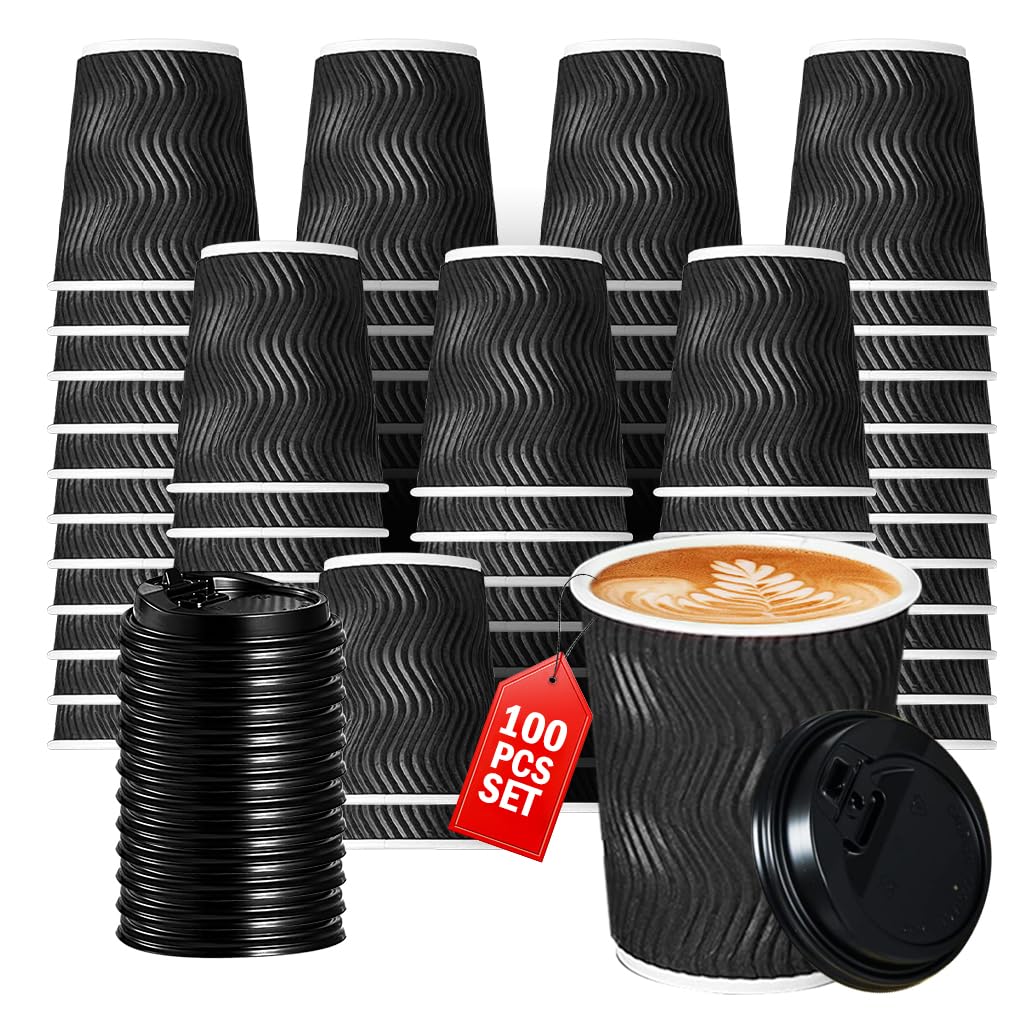 Vivva 8oz Disposable Coffee Cups with Lids (100 Pack) - to Go Paper ...