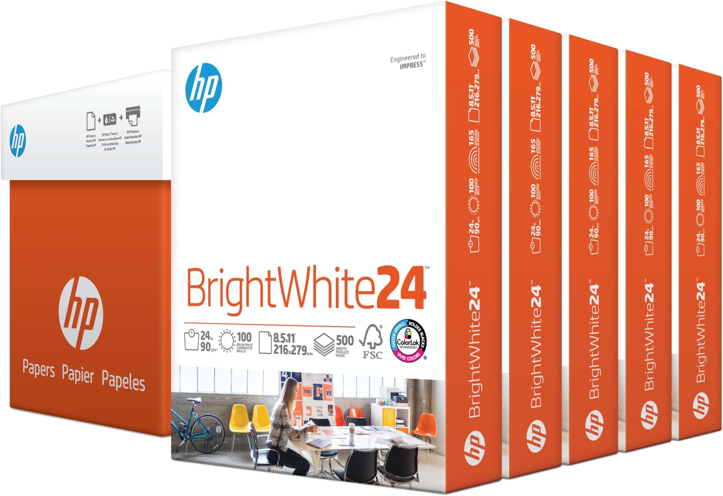 HP Printer Paper 8.5x11 BrightWhite 24 lb 5 Ream Case 2500 Sheets 100 ...