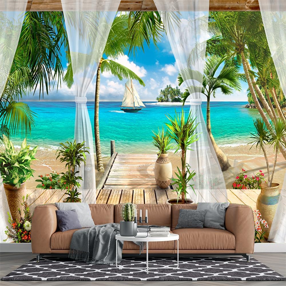 Amazon.com: TOKMOCO Custom Tropical Sea Backdrop Wall Mural Beach Villa ...