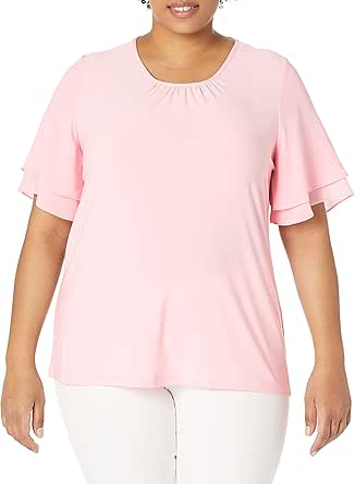Kasper Women's Plus Size Solid ITY W/GGT Bell Sleeve TOP, Tutu Pink at ...