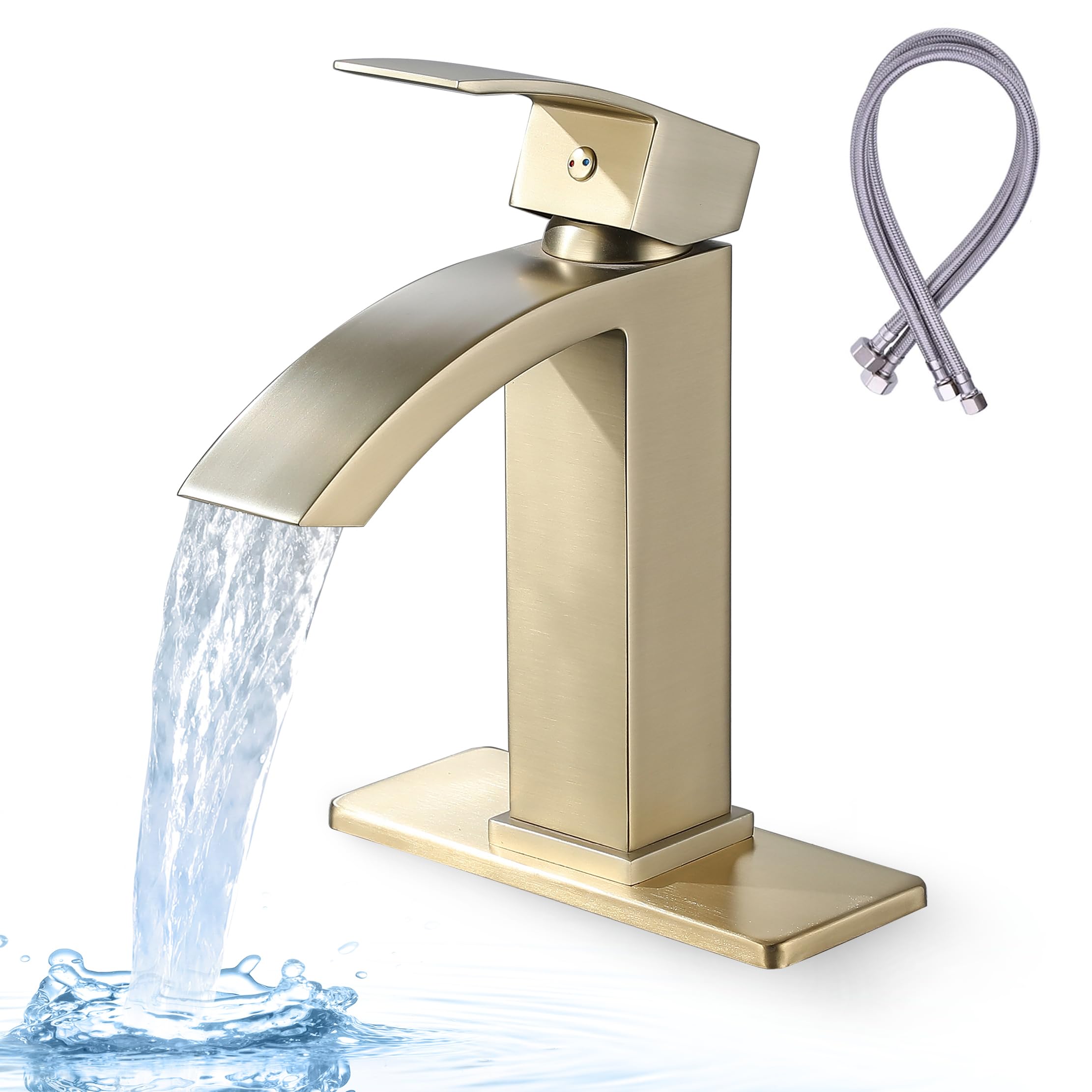 Brushed Gold Bathroom Faucet, High-Flow Waterfall Bathroom Sink Faucet ...