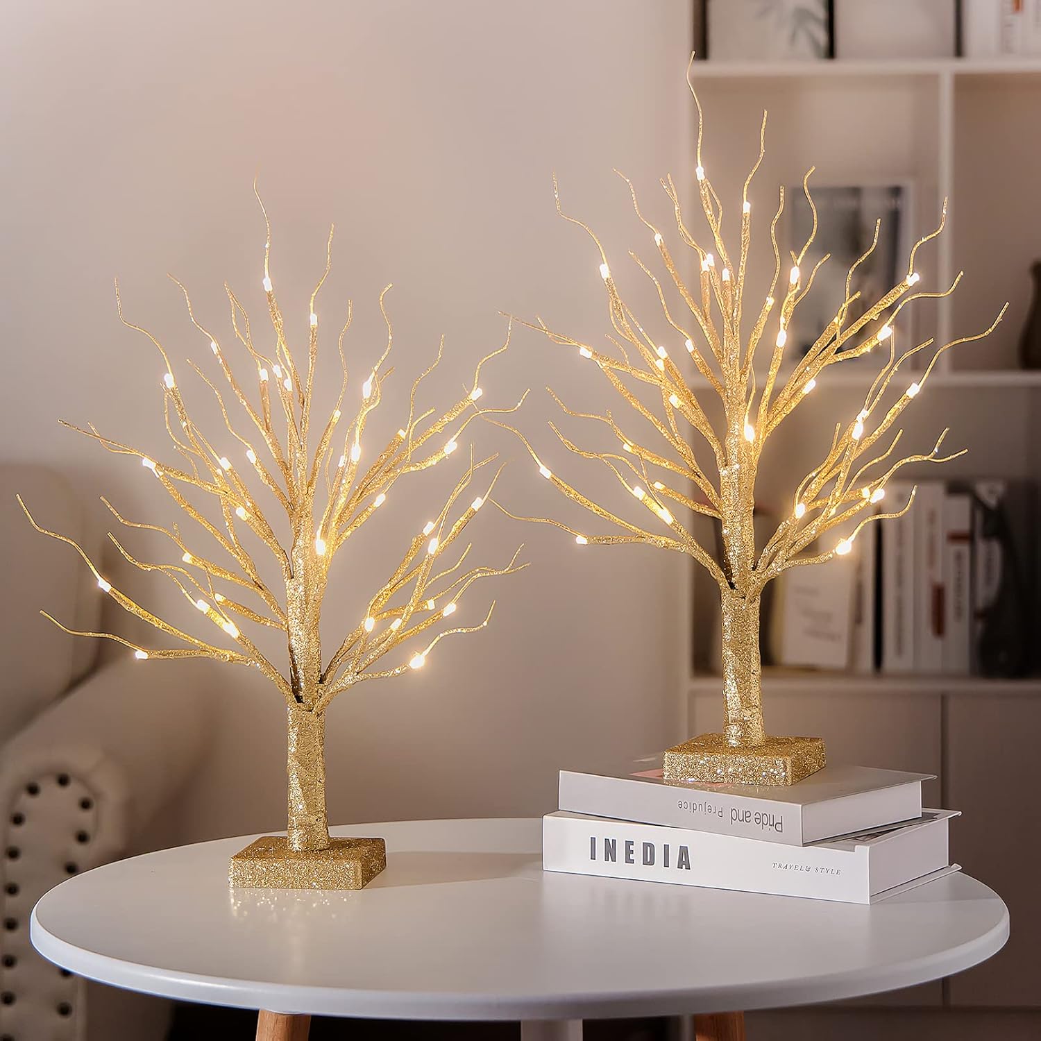 Amazon.com: Brightdeco Set of 2 Lighted Gold Glitter Birch Tree 36LT ...