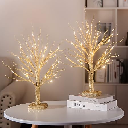 Amazon.com: Brightdeco 2 Pieces Lighted Gold Glitter Birch Tree 36LT ...