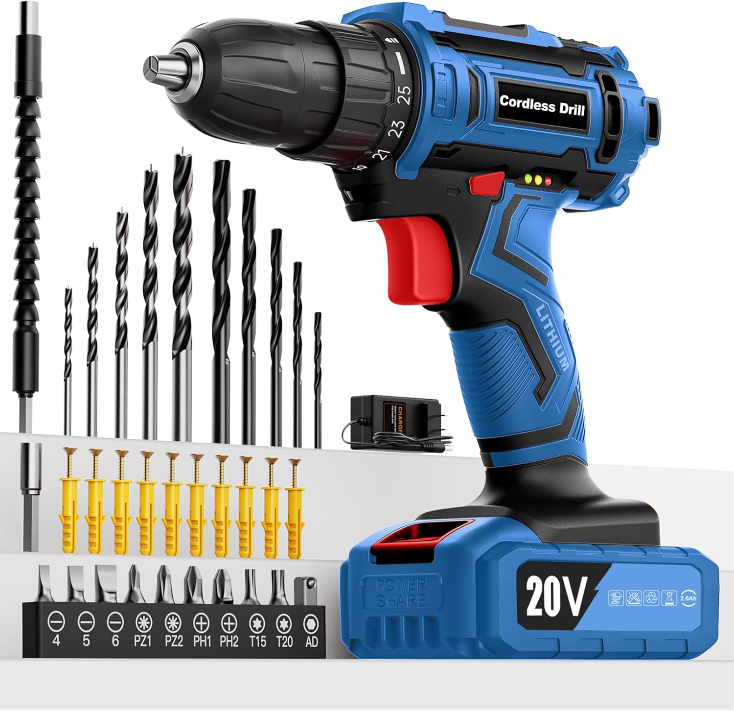 Amazon.com: Drill Set, Cordless Drill 20V with Battery 2.0Ah, Electric ...
