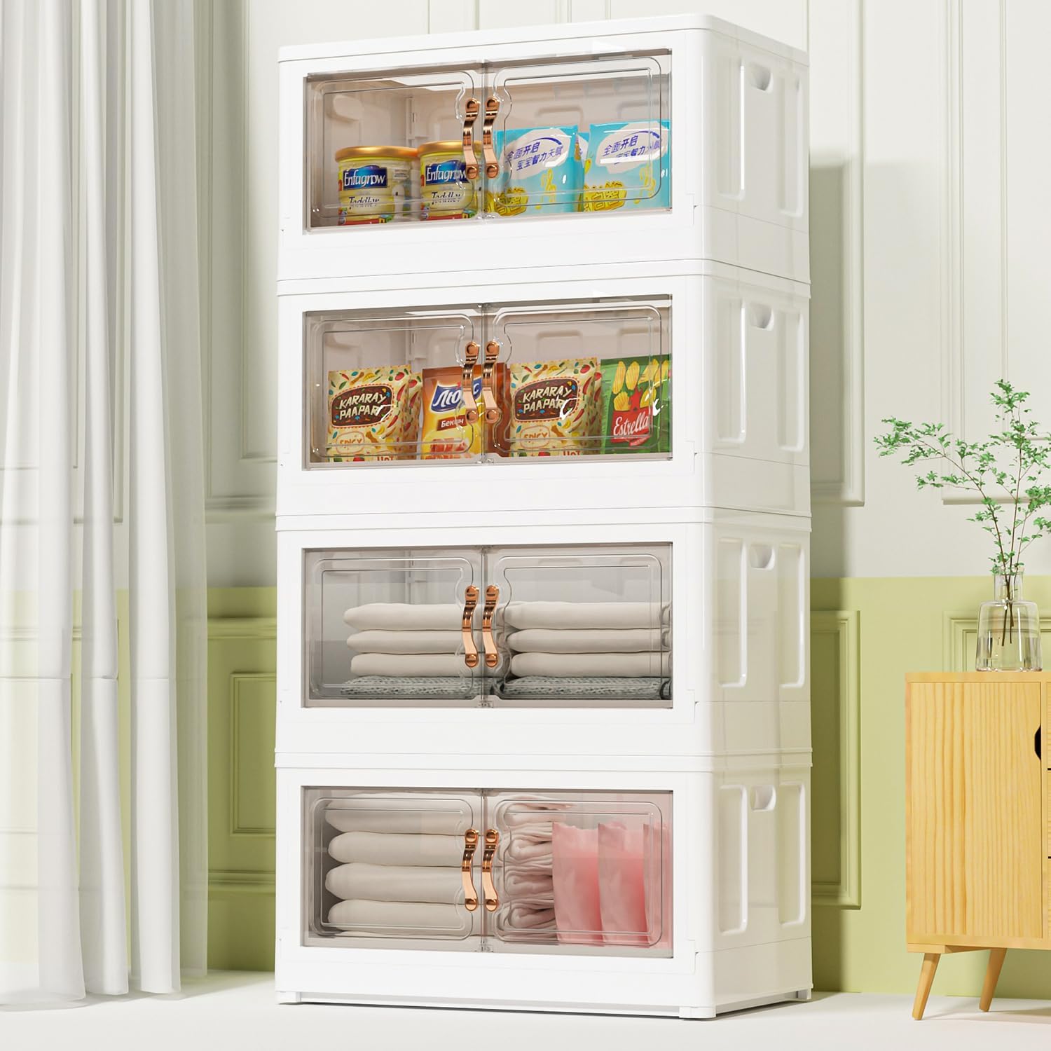 Stackable Storage Bins With Lids and Double Doors, Collapsible Storgae ...
