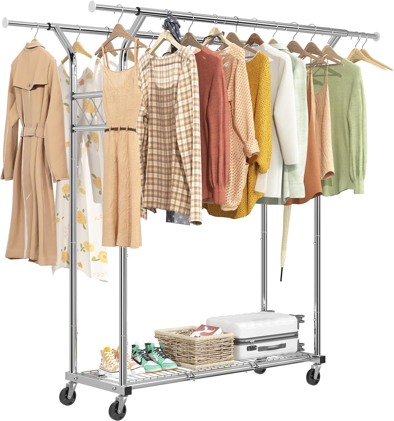 Amazon.com: Simple Trending Double Rod Clothing Garment Rack, Rolling ...