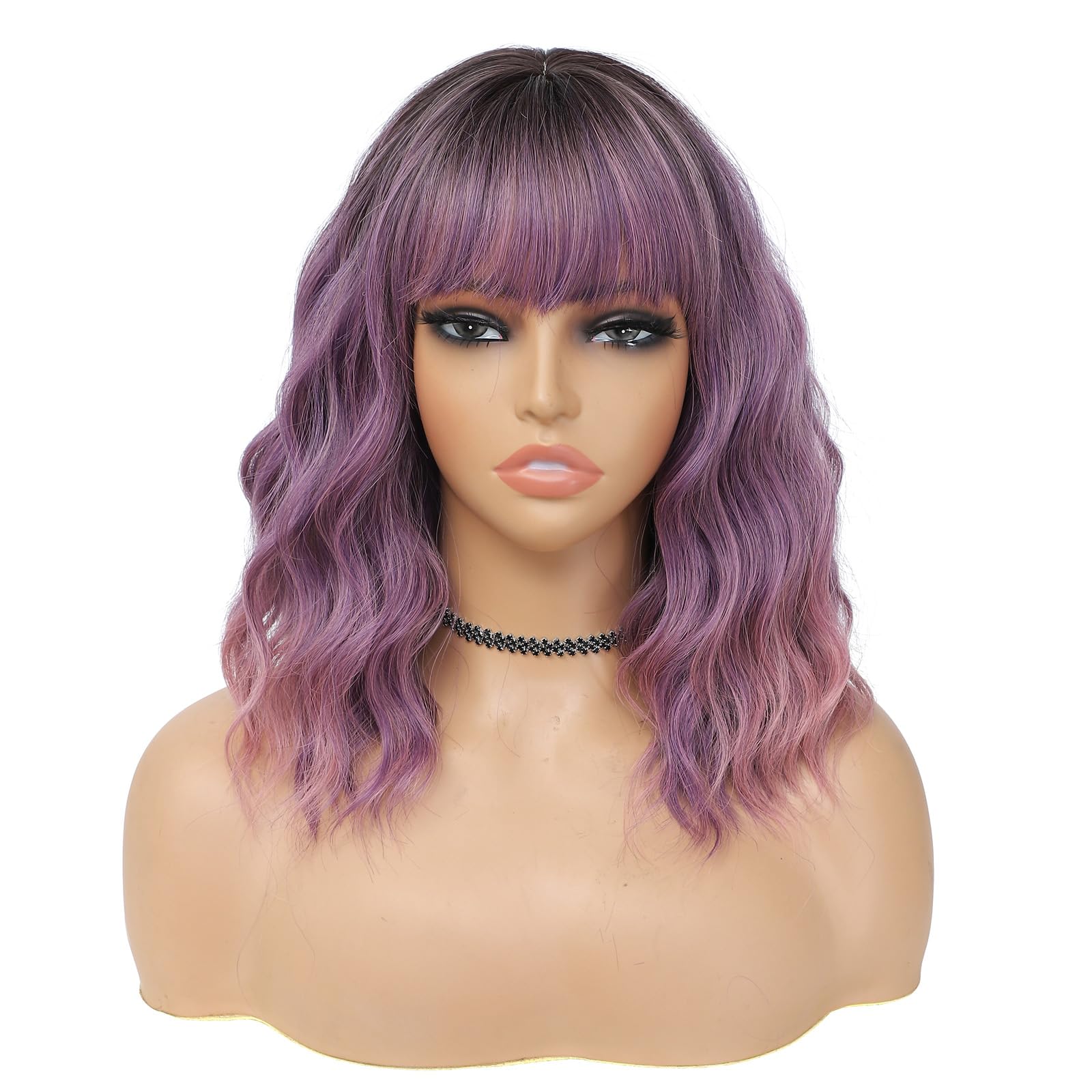 Amazon.com : MINLEE Ombre Purple Wig with Bangs for Women 14 Inch Short ...