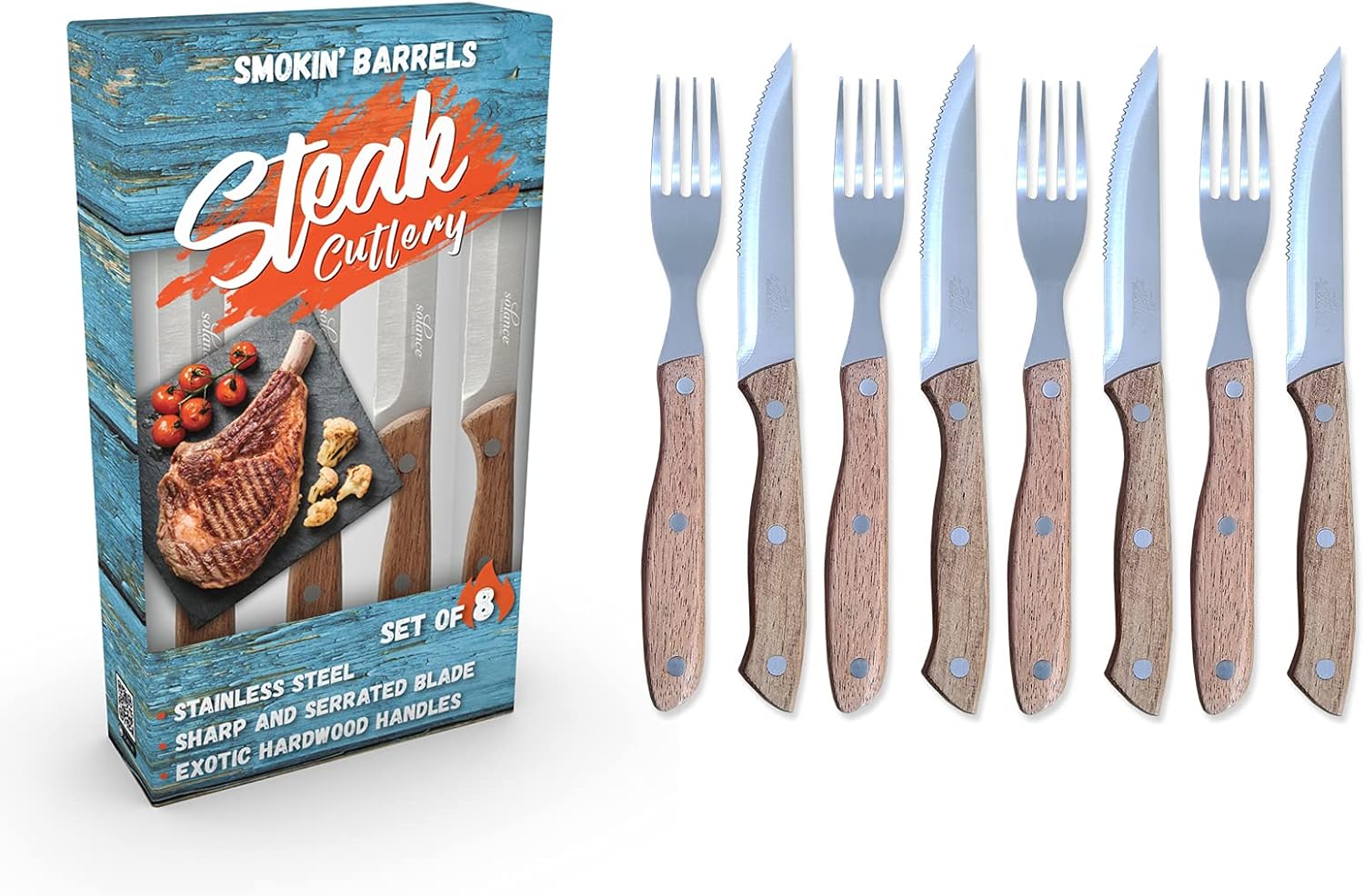 Solance Smokin’ Barrels Steak Cutlery Set of 8 with Exotic Hardwood ...