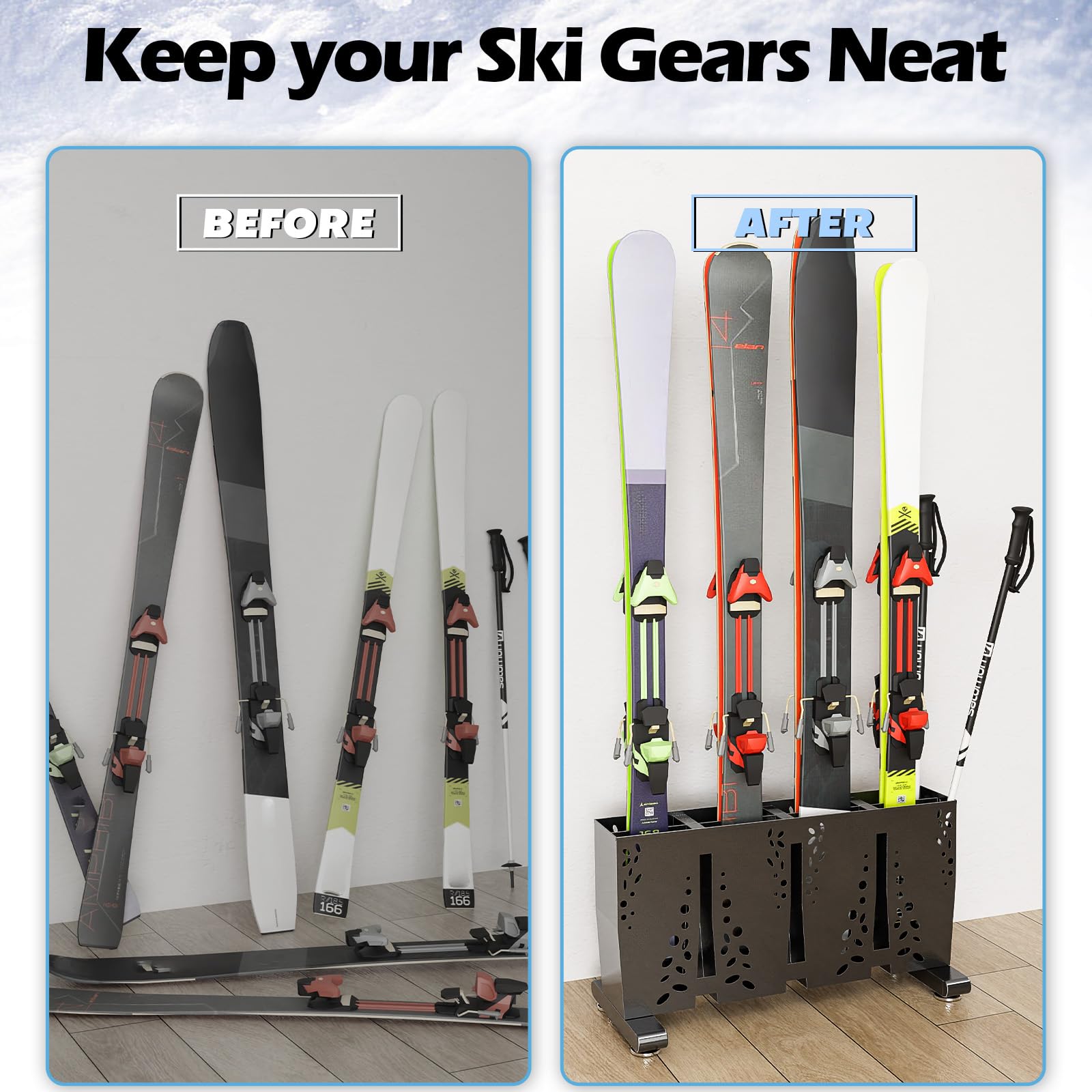 Snapklik.com : Heavy Duty Metal Ski Storage Rack, 4 Pair Freestanding ...