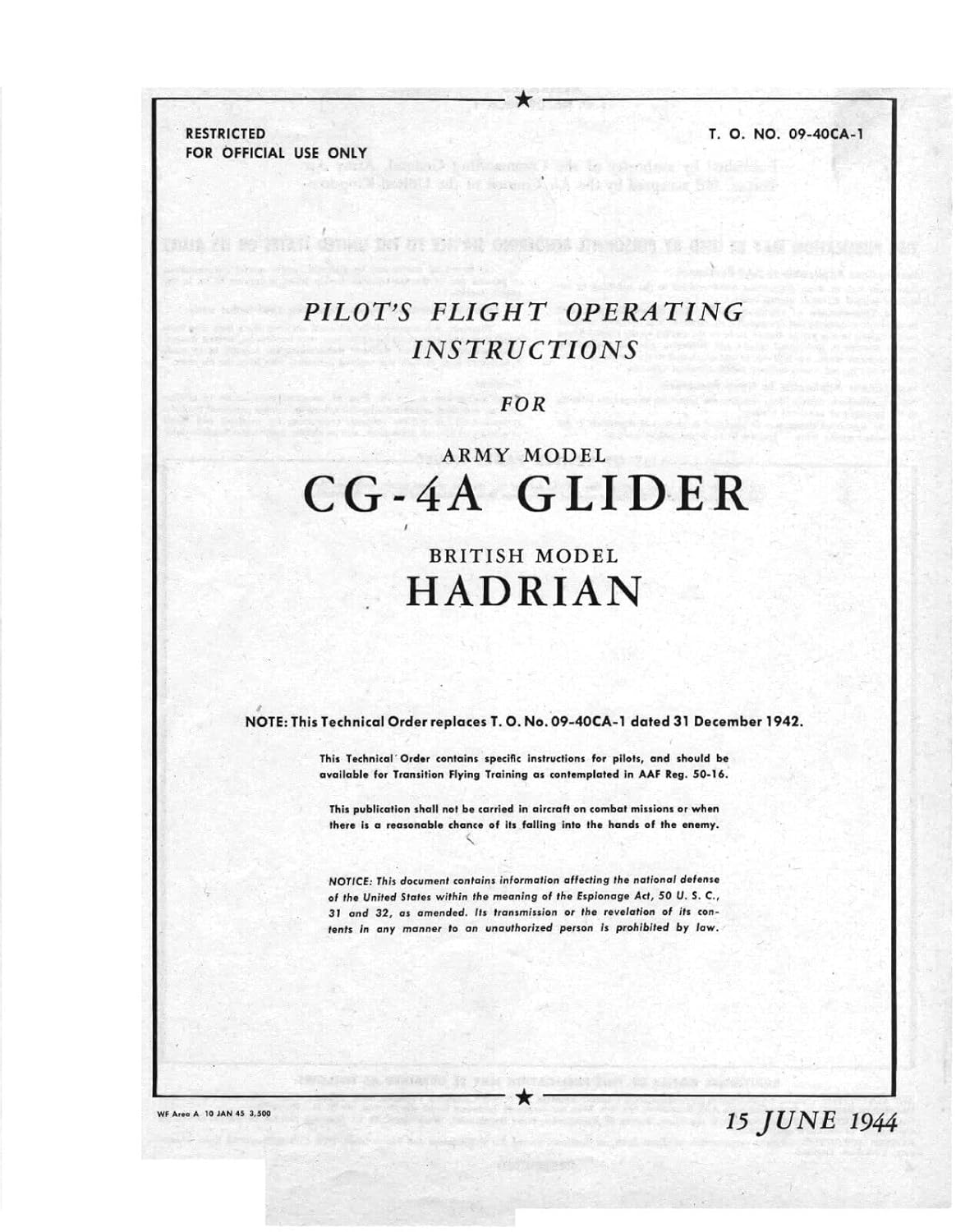 Waco CG-4A Glider Hadrian Glider Pilot's Flight Instr. D-Day MANUAL ...