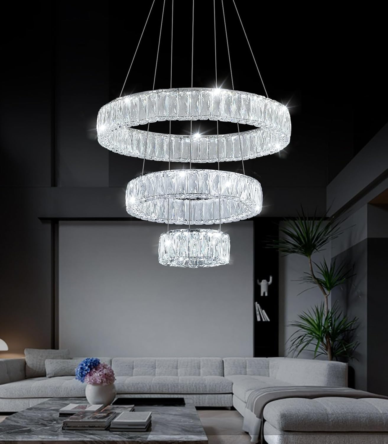 HAIXIANG LED 3 Rings Chandelier K9 Crystal, Remote Dimmable, 78 ...