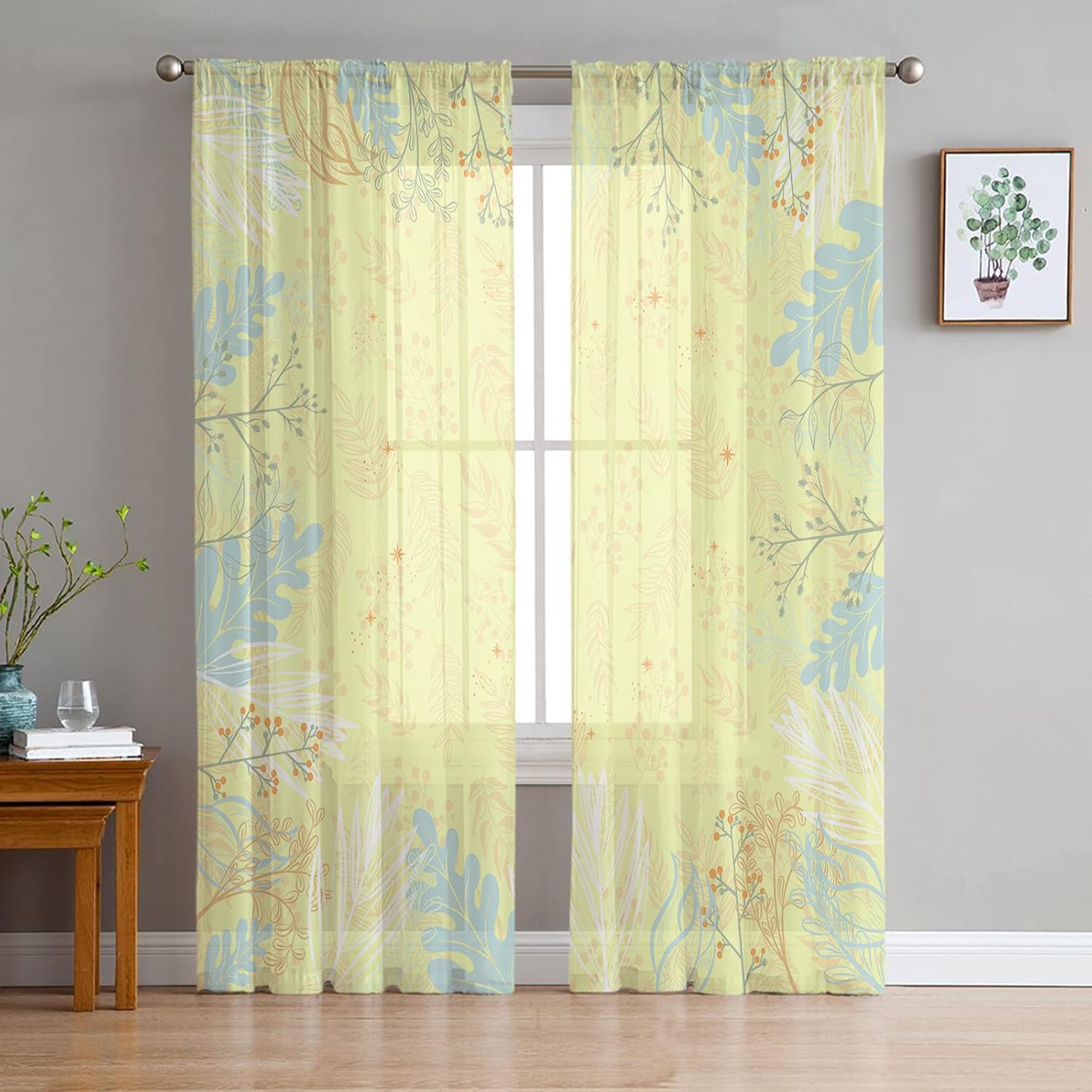 Amazon.com: Yellow Botanical Sheer Curtains 84 Inches Length 2 Panels ...