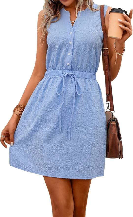 MakeMeChic Women's Casual Sleeveless Summer Dress Button Down Tie Waist ...