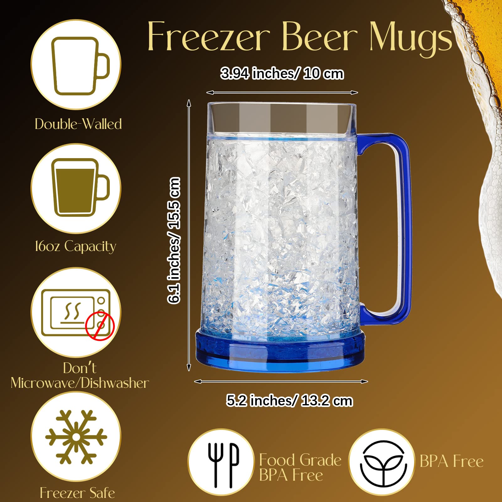 Gejoy Set of 12 Freezer Beer Mugs with Liquid 16oz Double Wall Gel ...