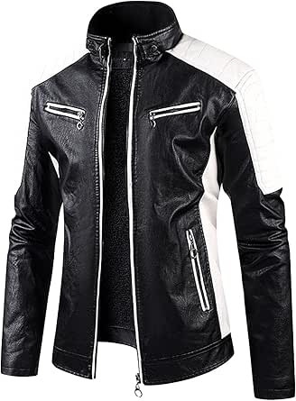 JEsilunmaMY Men's Slimming Leather Jackets Stand Collar Zip Up Casual Bomber Jacket Fleece Lined ...